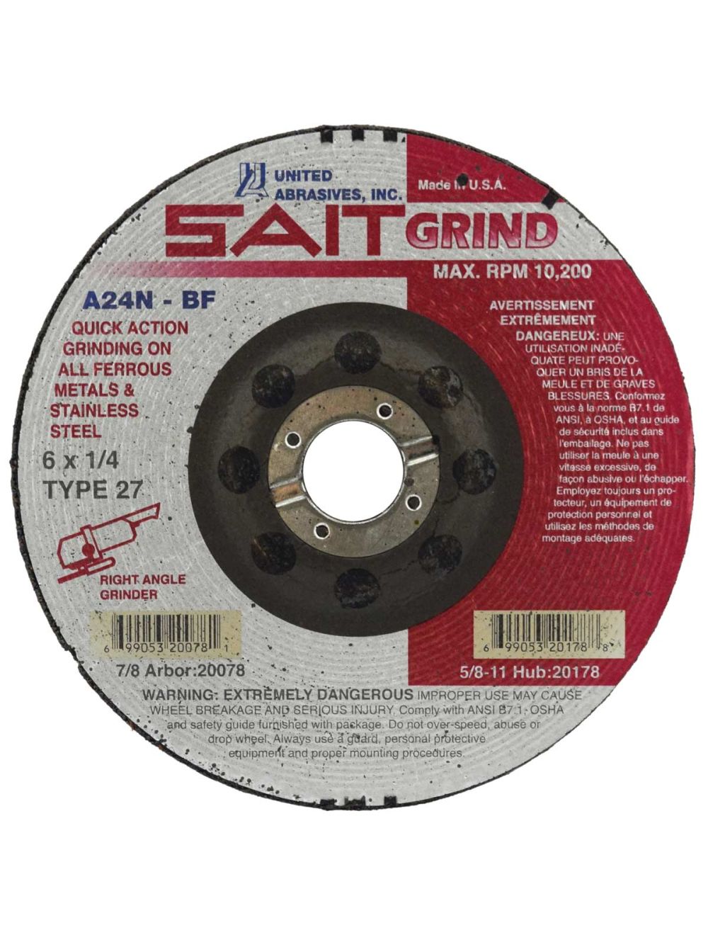 Sait 20078 6" x 1/4" x 7/8" A24N Type 27 Grinding Wheel