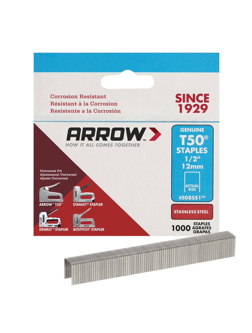 Arrow 508SS1 T50 3/8" x 1/4" Flat Crown Heavy Duty Staples - 1000 Pack