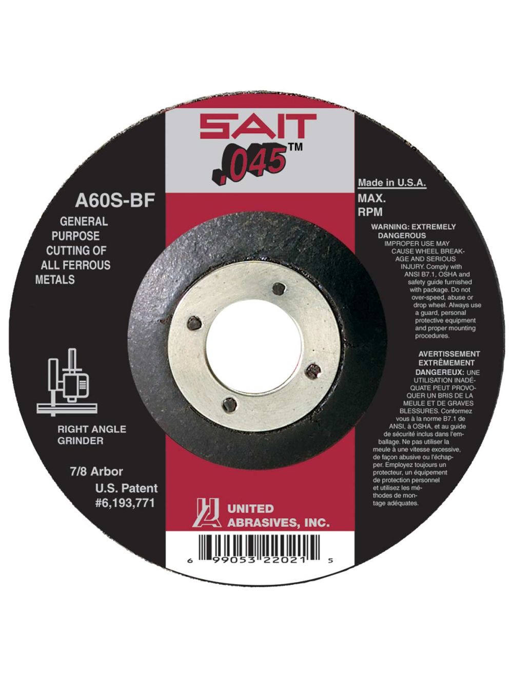 Sait 22071 5" x 0.045" x 7/8" A60S Type 27 Cutting Wheel