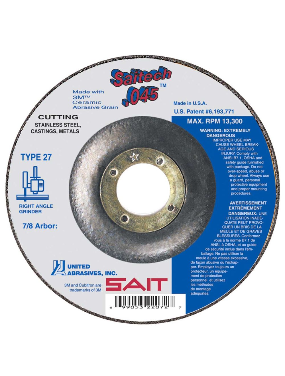 Sait 22082 6" x 0.045" x 7/8" Saitech Type 27 Cutting Wheel